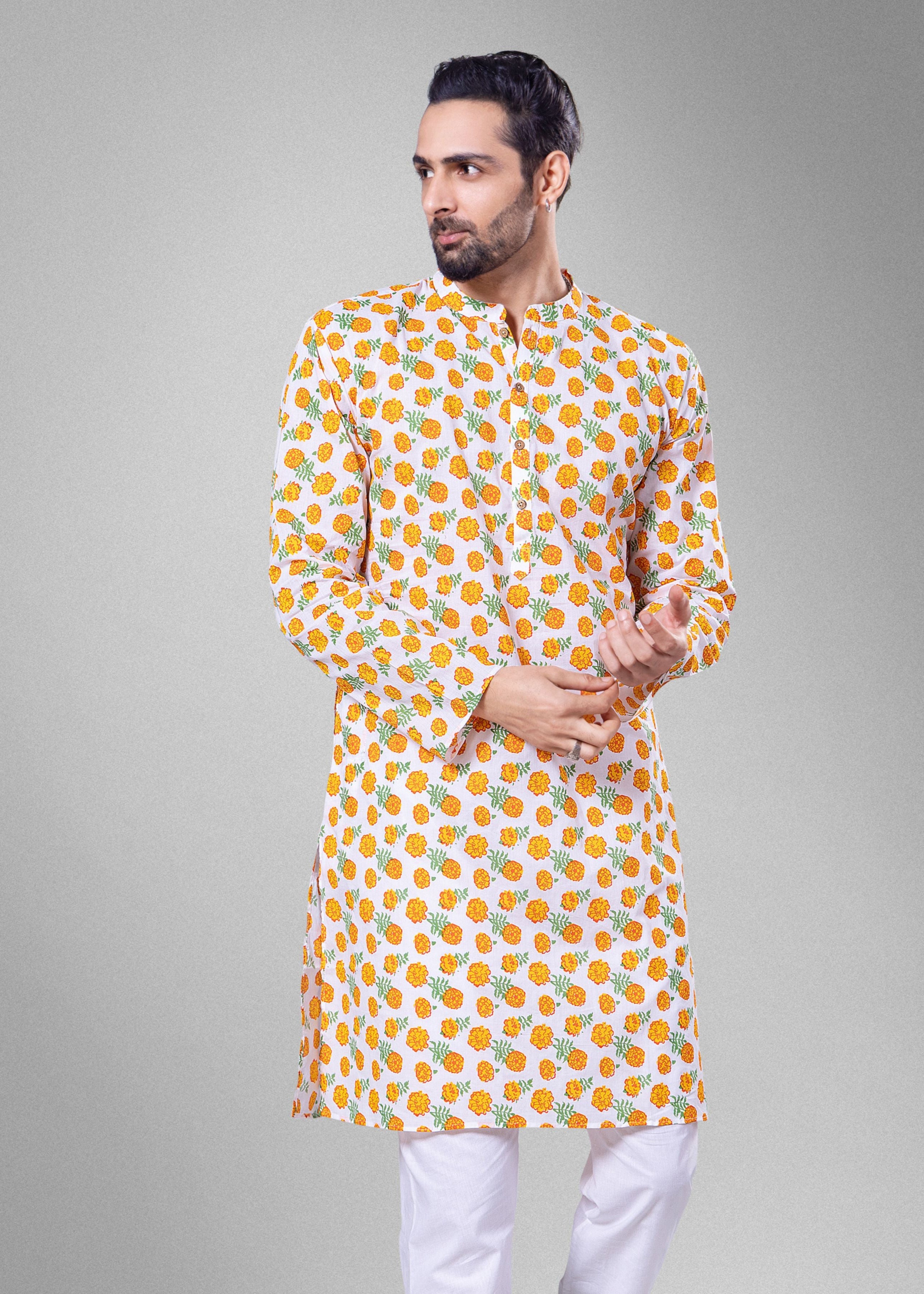 Tura Turi Men’s Cotton Malmal Kurta | Marigold